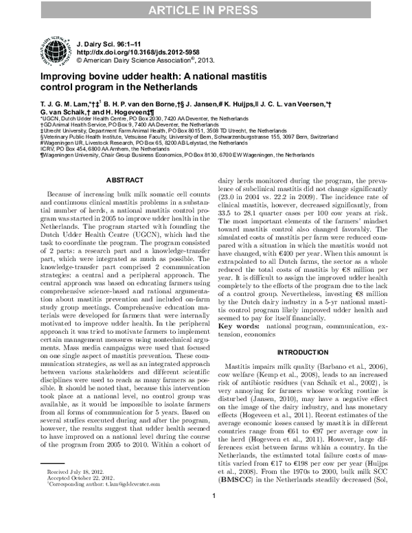 (PDF) Improving bovine udder health: A national mastitis control program in the Netherlands