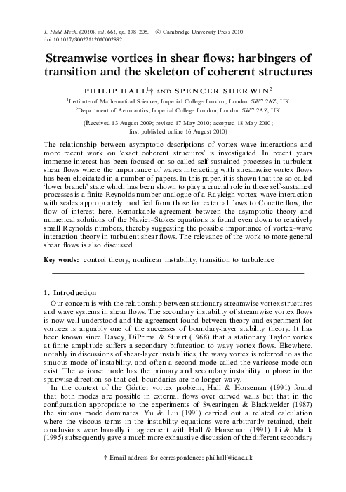 (PDF) Streamwise vortices in shear flows: harbingers of transition and the skeleton of coherent ...