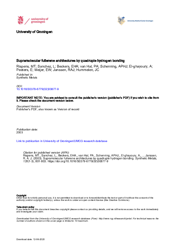 (PDF) Supramolecular fullerene architectures by quadruple hydrogen bonding | paul van hal ...