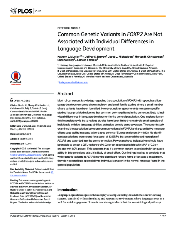 (PDF) Common Genetic Variants in FOXP2 Are Not Associated with ...