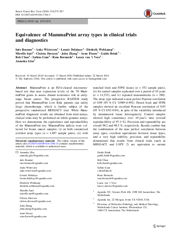 (PDF) Equivalence of MammaPrint array types in clinical trials and ...