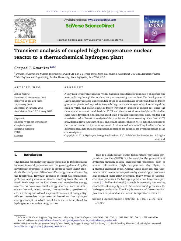 (PDF) Transient analysis of coupled high temperature nuclear reactor to a thermochemical ...