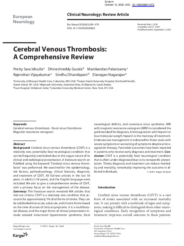 (PDF) Cerebral Venous Thrombosis: A Comprehensive Review | Pretty Sara Idiculla - Academia.edu