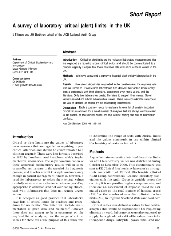 (PDF) A survey of laboratory 'critical (alert) limits' in the UK