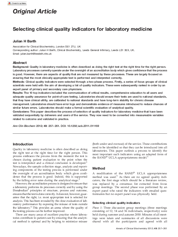 (PDF) Selecting clinical quality indicators for laboratory medicine