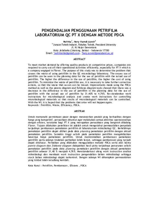 (PDF) PENGENDALIAN PENGGUNAAN PETRIFILM LABORATORIUM QC PT X DENGAN METODE PDCA