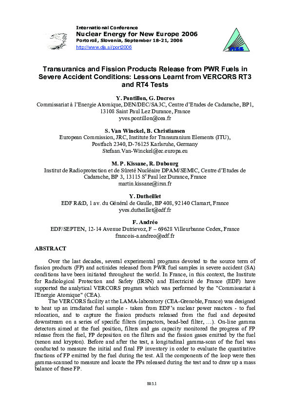 (PDF) Transuranics and Fission Products Release from PWR Fuels in Severe Accident Conditions ...