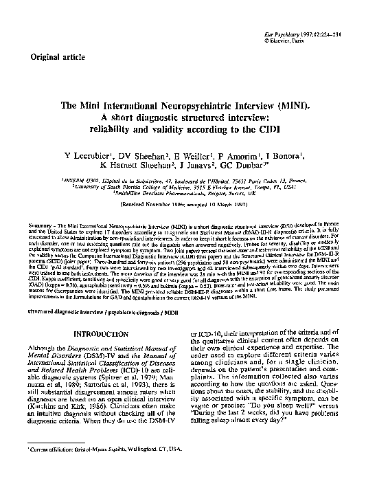 (PDF) The Mini International Neuropsychiatric Interview (MINI). A short ...
