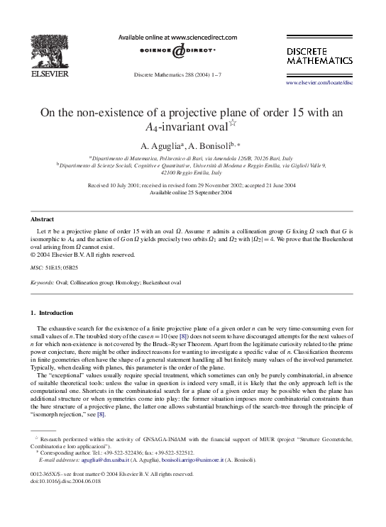 (PDF) On the non-existence of a projective plane of order 15 with an ...