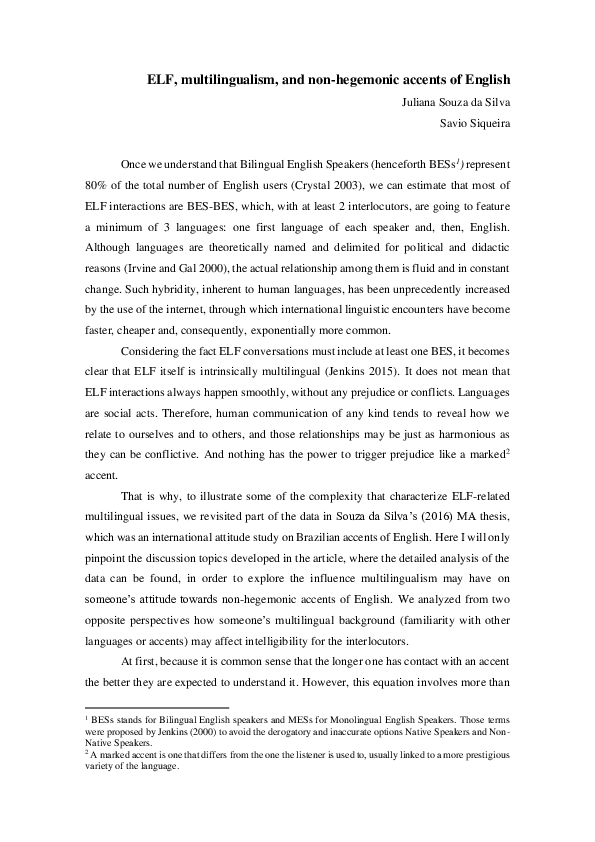(PDF) ELF, multilingualism, and non-hegemonic accents of English