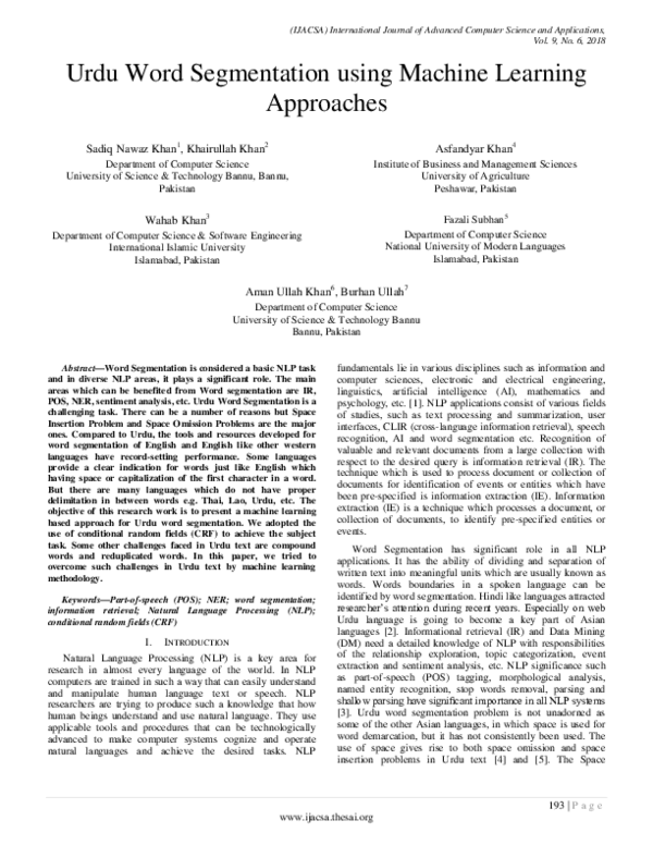 Pdf Urdu Word Segmentation Using Machine Learning Approaches