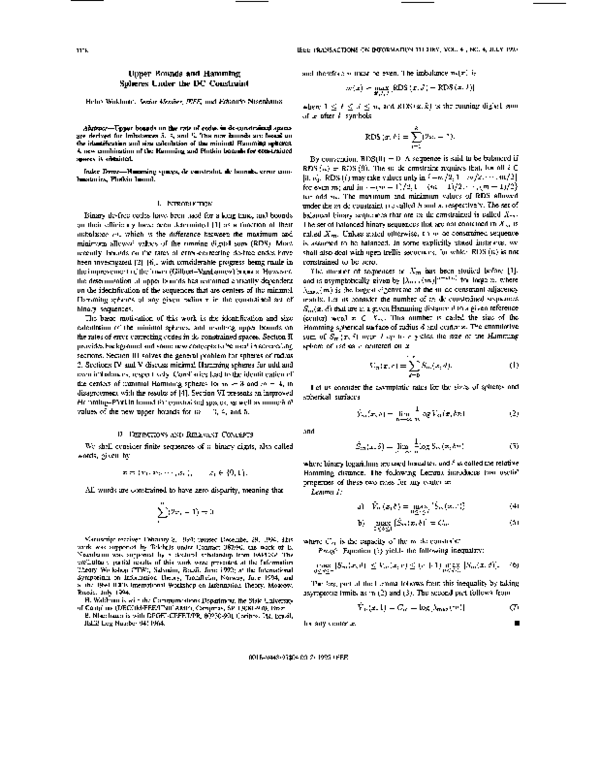 (PDF) Upper bounds and Hamming spheres under the DC constraint