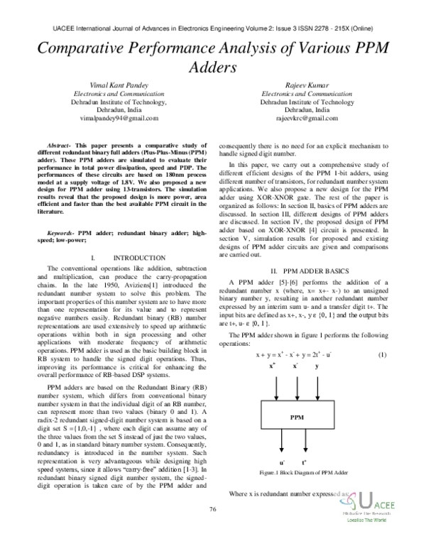 (PDF) Comparative Performance analysis of various PPM adders