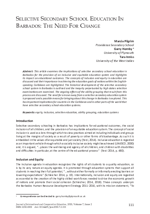 (PDF) Selective Secondary School Education In Barbados: The Need For Change