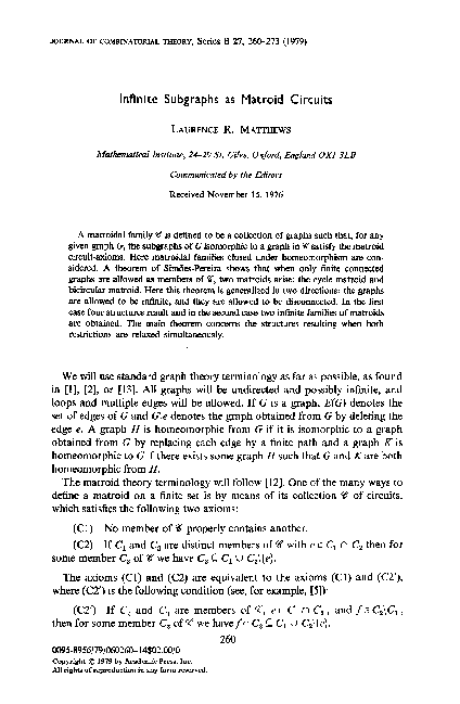 (PDF) Infinite subgraphs as matroid circuits