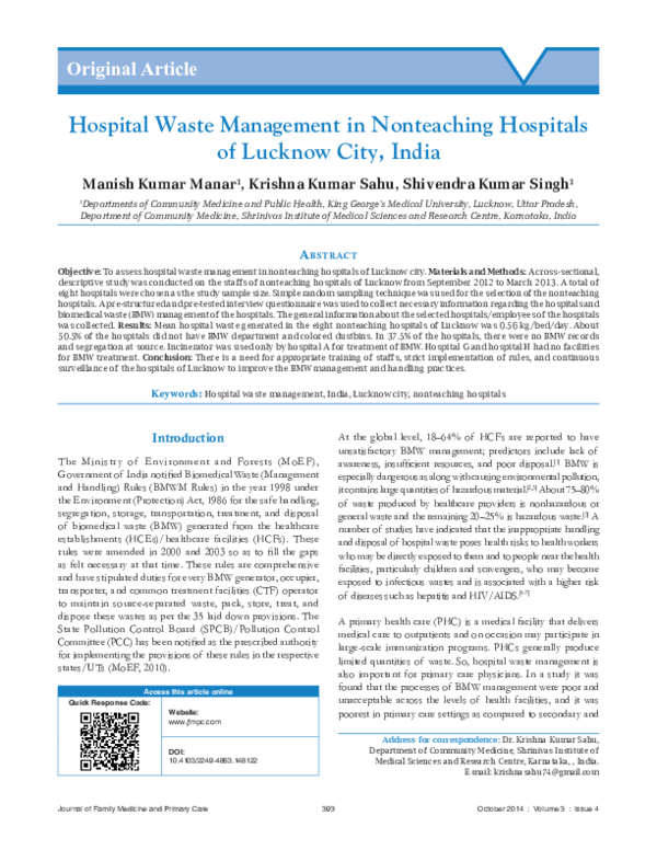 (PDF) Hospital waste management in nonteaching hospitals of Lucknow ...