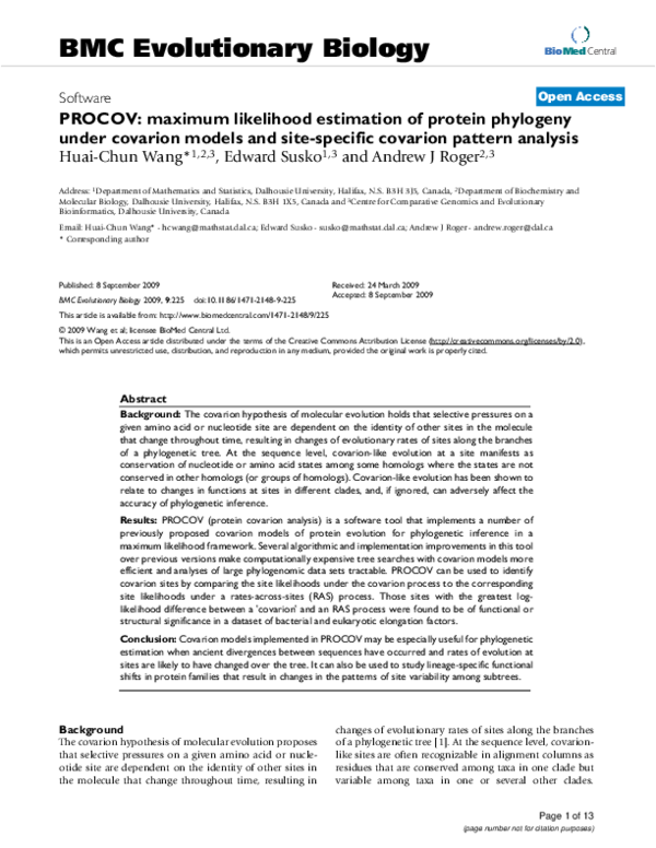 (PDF) PROCOV: maximum likelihood estimation of protein phylogeny under covarion models and site ...