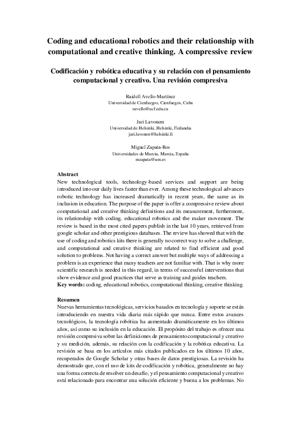 Pdf Coding And Educational Robotics And Their Relationship With Computational And Creative