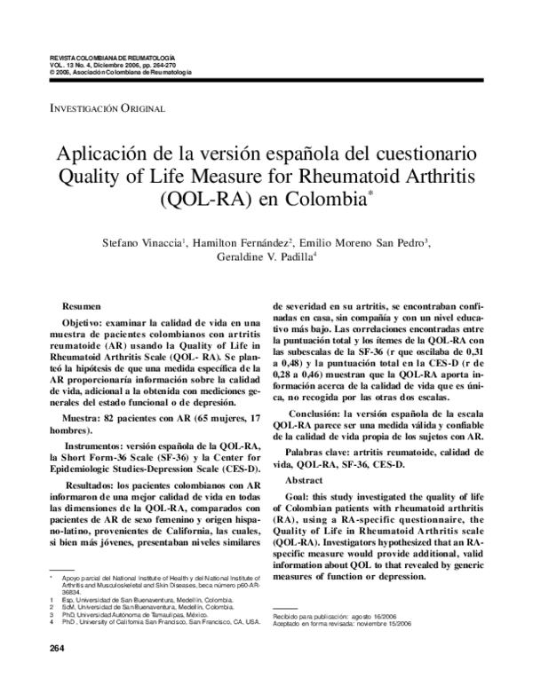 (PDF) Spanish Quality of Life Measure for Rheumatoid Arthritis (QOL-RA ...