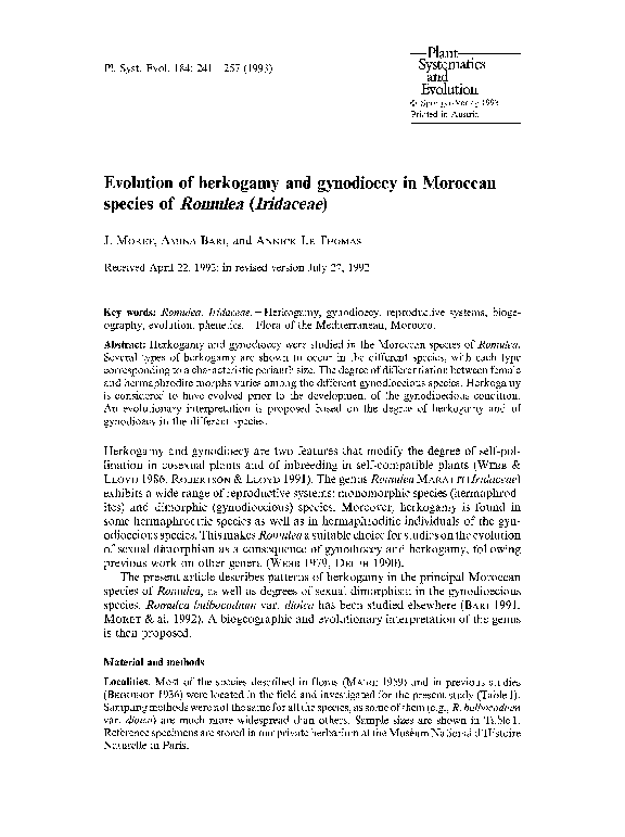 (PDF) Evolution of herkogamy and gynodioecy in Moroccan species ...