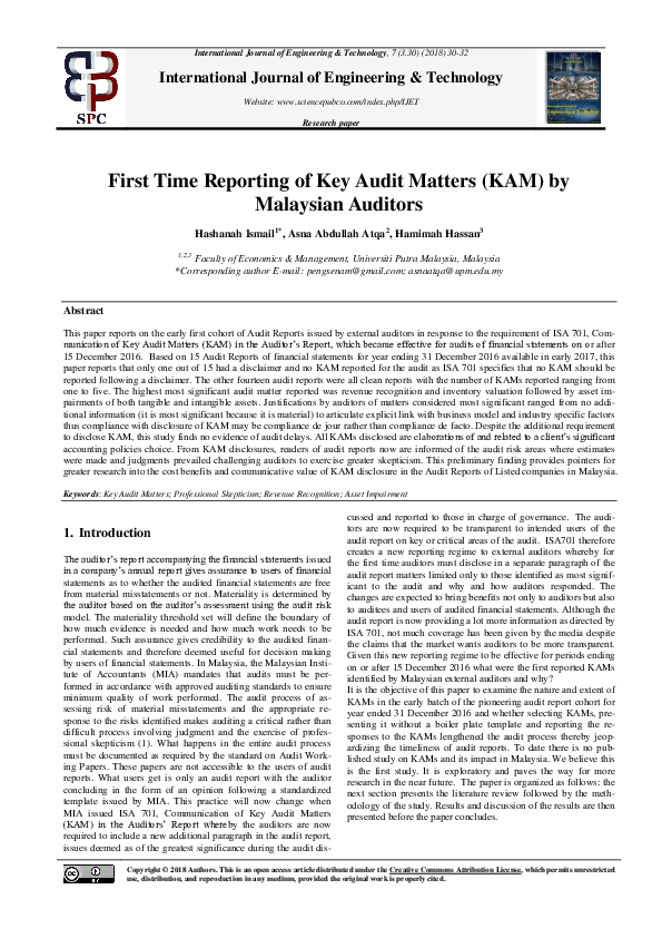 (PDF) First Time Reporting of Key Audit Matters (KAM) by Malaysian Auditors