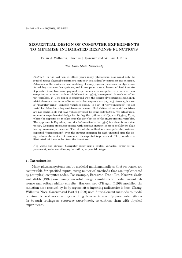 Pdf Sequential Design Of Computer Experiments To Minimize Integrated Response Functions