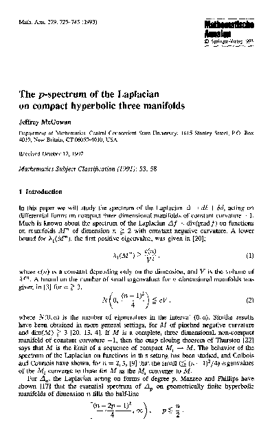 (PDF) Thep-spectrum of the Laplacian on compact hyperbolic three manifolds