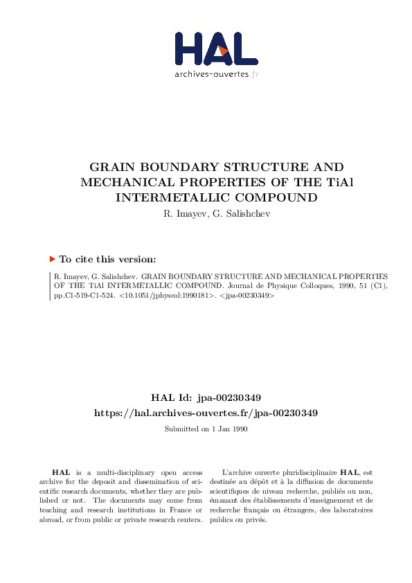 (PDF) Grain boundary structure and mechanical properties of the TiAl intermetallic compound