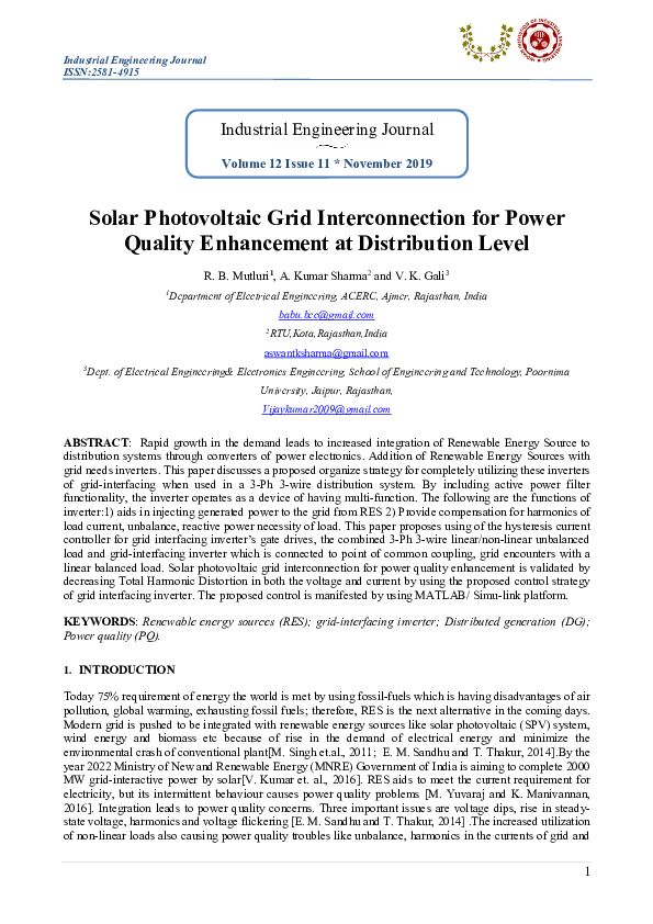 (PDF) Solar photovoltaic Grid Interconnection for power quality enhancement at distribution level