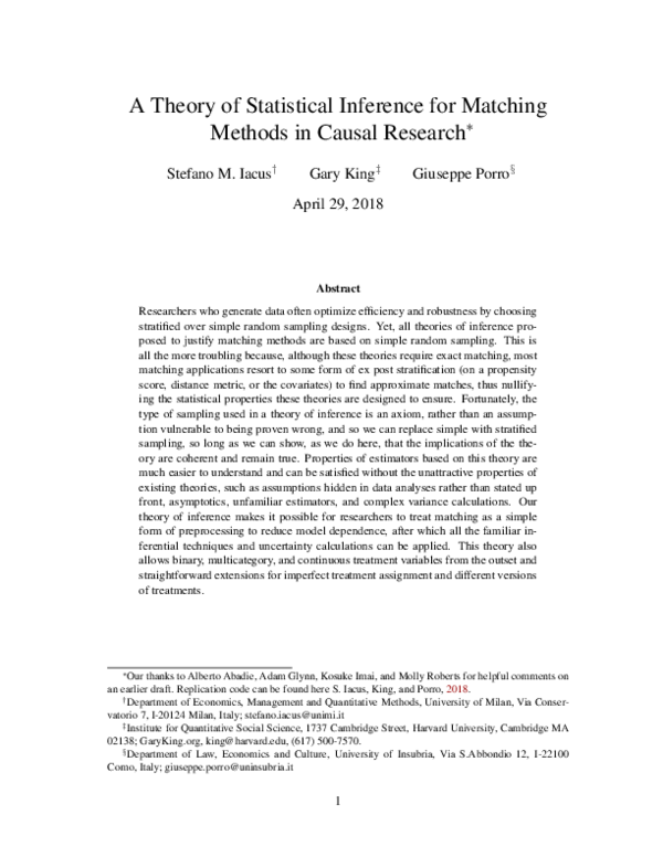 (PDF) A Theory of Statistical Inference for Matching Methods in Causal Research