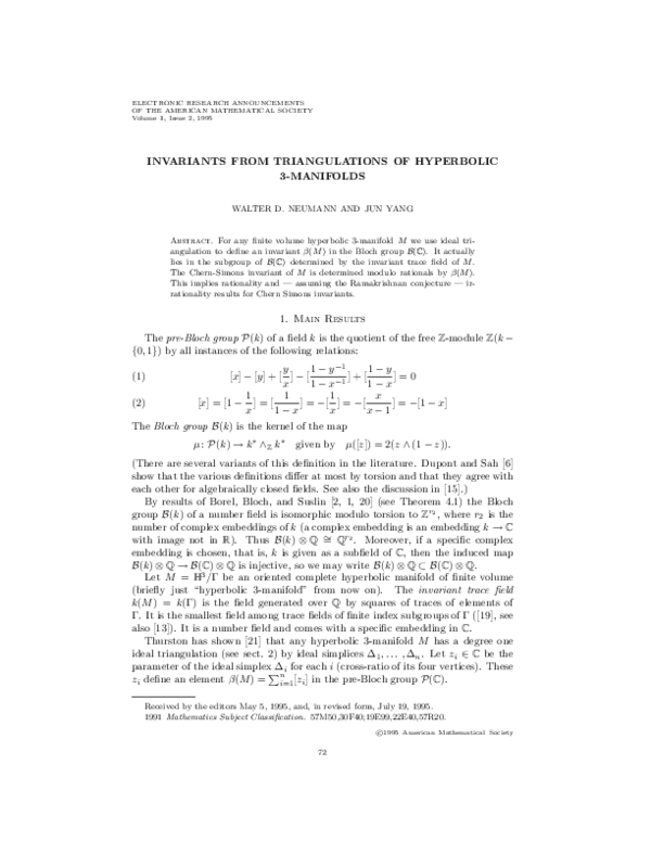 (PDF) Invariants From Triangulations of Hyperbolic 3-Manifolds