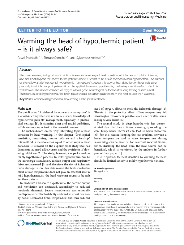 (PDF) Warming the head of hypothermic patient - is it always safe?