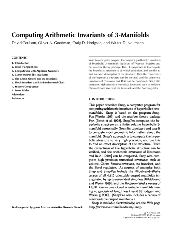 (PDF) Computing Arithmetic Invariants of 3-Manifolds