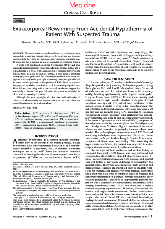 (PDF) Extracorporeal Rewarming From Accidental Hypothermia of Patient ...