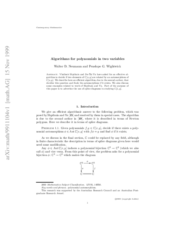 (PDF) Algorithms for polynomials in two variables