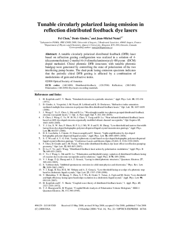 (PDF) Tunable circularly polarized lasing emission in reflection distributed feedback dye lasers