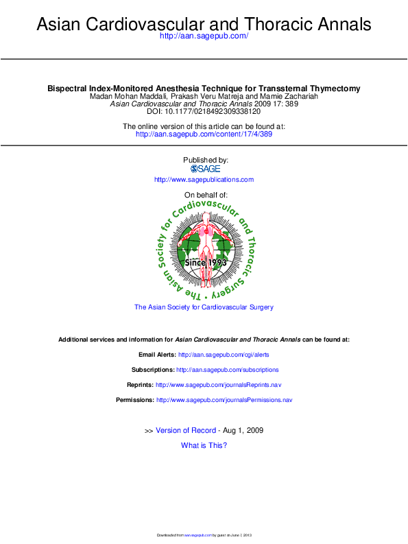 (PDF) Bispectral Index-Monitored Anesthesia Technique for Transsternal ...