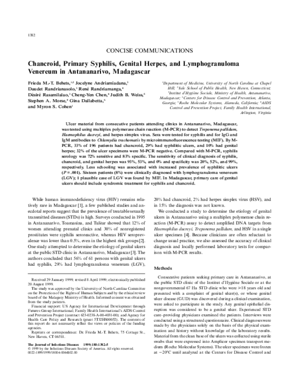 (PDF) Chancroid, Primary Syphilis, Genital Herpes, and Lymphogranuloma ...