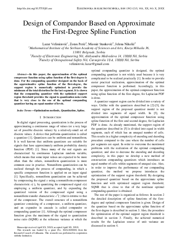 (PDF) Design of Compandor Based on Approximate the First-Degree Spline Function | Jelena Nikolic ...