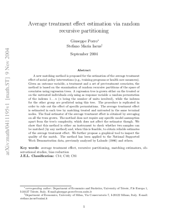 (PDF) Average Treatment Effect Estimation Via Random Recursive Partitioning | Giuseppe Porro ...