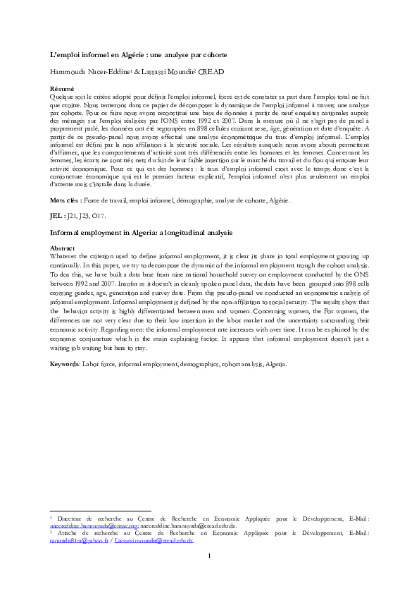 (PDF) L’emploi informel en Algérie : une analyse par cohorte