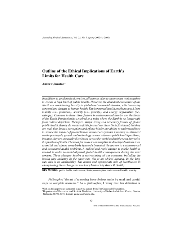 (PDF) Outline of the Ethical Implications of Earth's Limits for Health Care