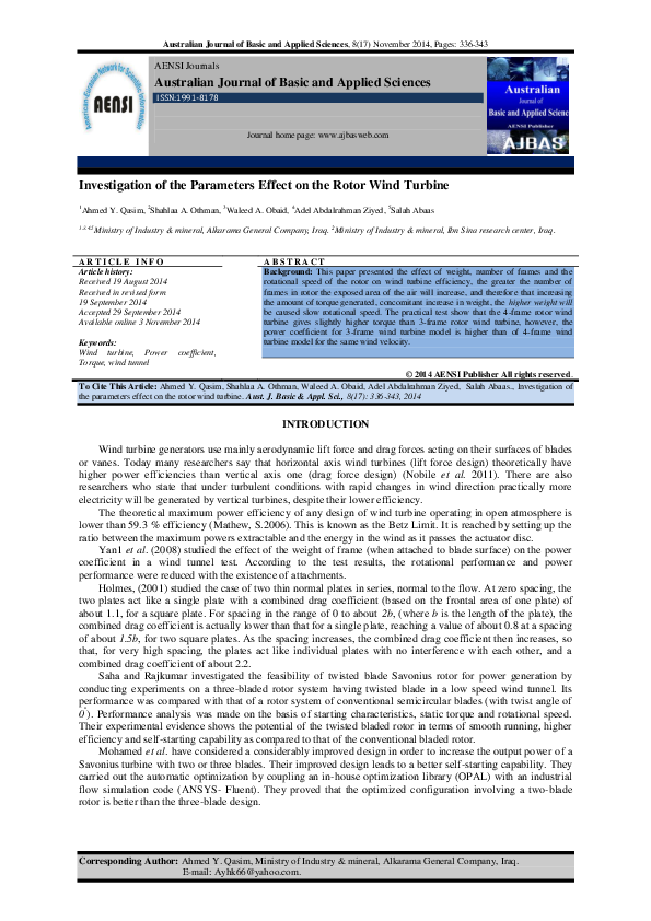 (PDF) Investigation of the Parameters Effect on the Rotor Wind Turbine