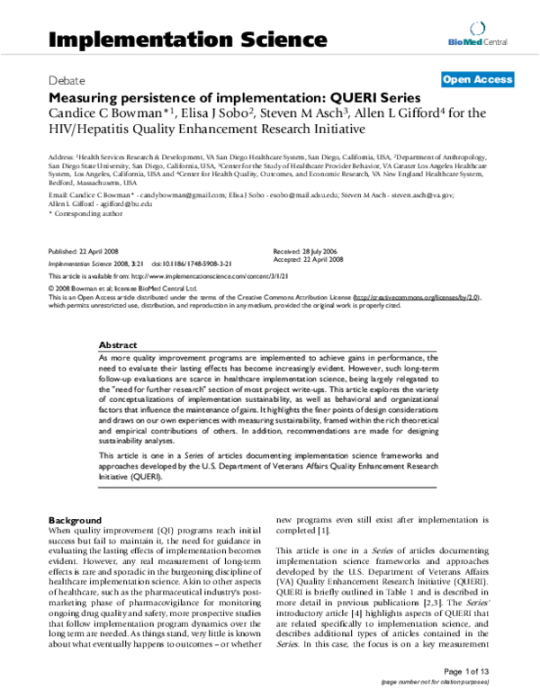 (PDF) Measuring persistence of implementation: QUERI Series
