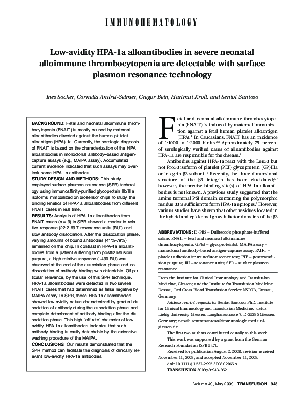 (PDF) Low-avidity HPA-1a alloantibodies in severe neonatal alloimmune ...