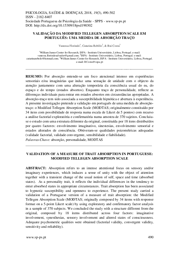 (PDF) Validation of a Measure of Trait Absorption in Portuguese ...