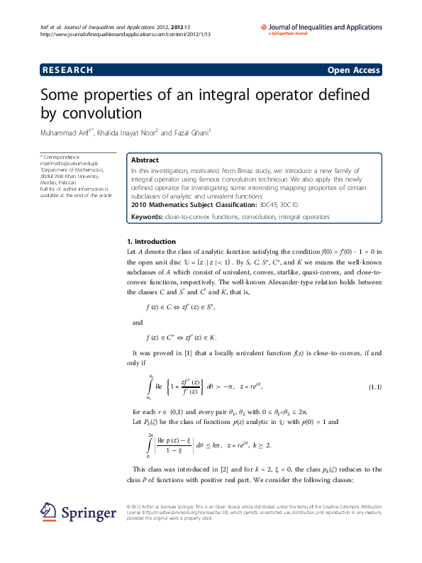 (PDF) Some properties of an integral operator defined by convolution | Muhammad Arif Mathematics ...