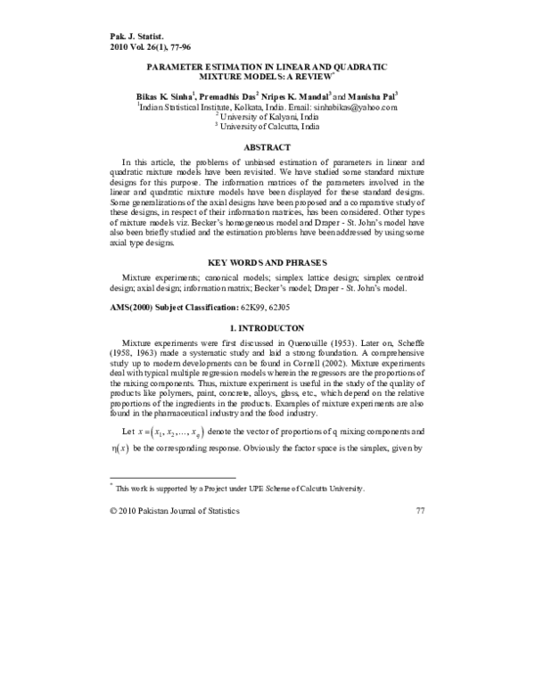 (PDF) Parameter Estimation in Linear and Quadratic Mixture Models: A Review