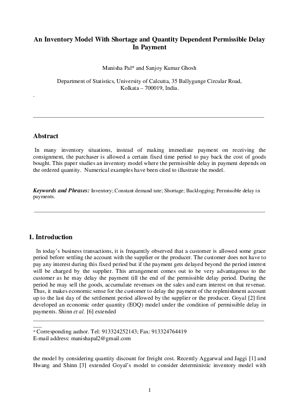 Pdf An Inventory Model With Shortage And Quantity Dependent Permissible Delay In Payment