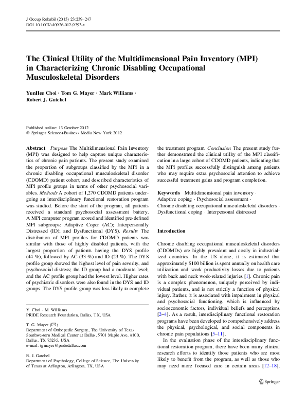(PDF) The Clinical Utility of the Multidimensional Pain Inventory (MPI ...